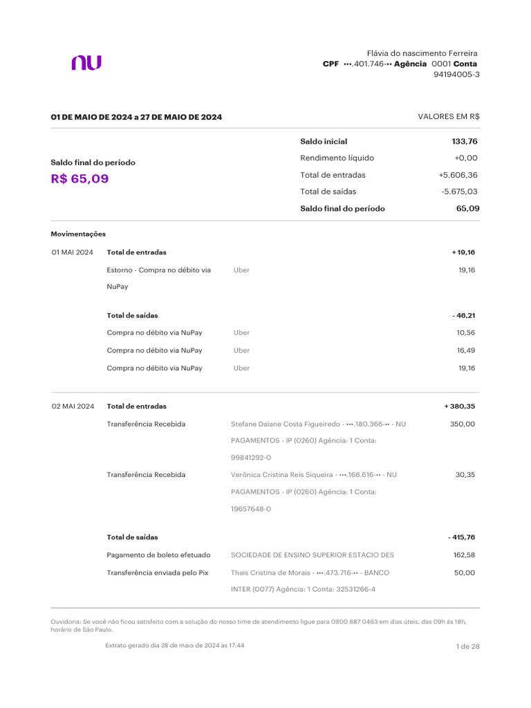 Extrato Bancário Nubank | PDF | Bancos | Bancos