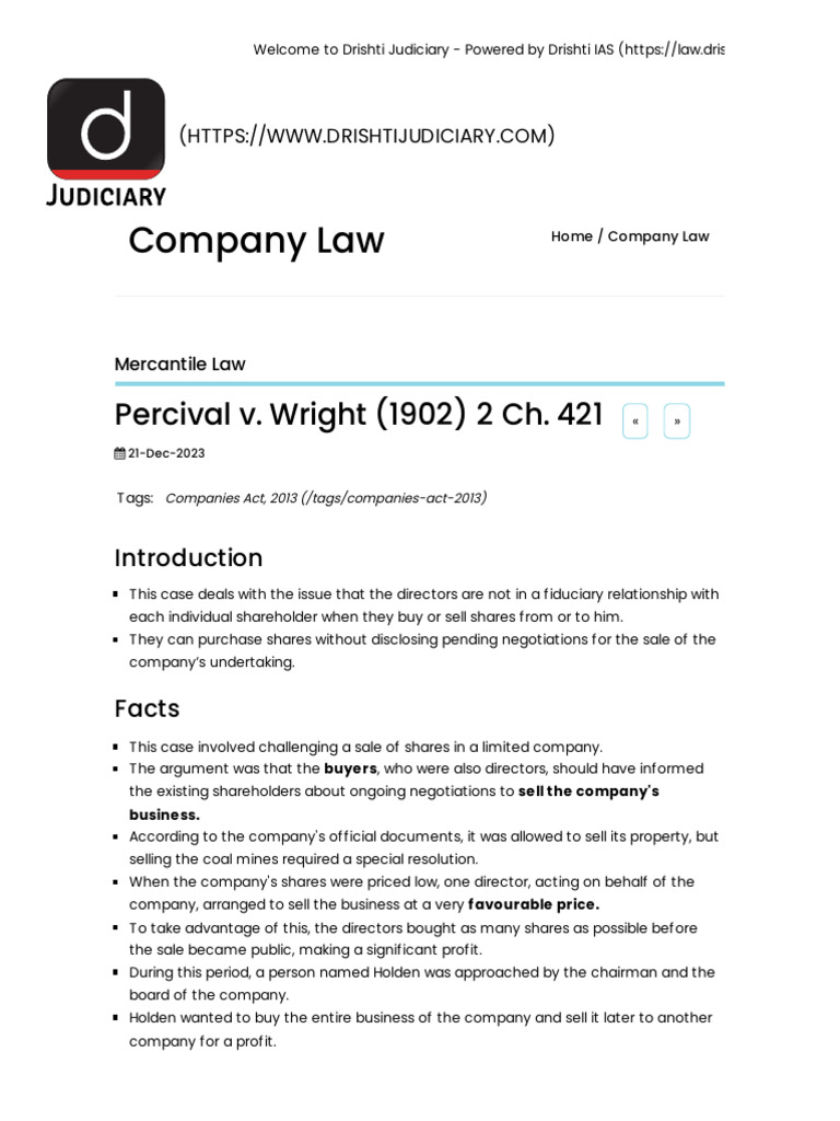 Percival v. Wright (1902) 2 Ch. 421 | PDF | Fiduciary | Private Law