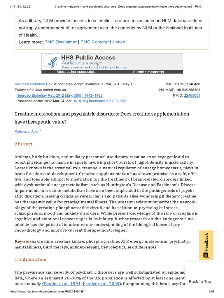 Creatine Metabolism and Psychiatric Disorders - Does Creatine ...