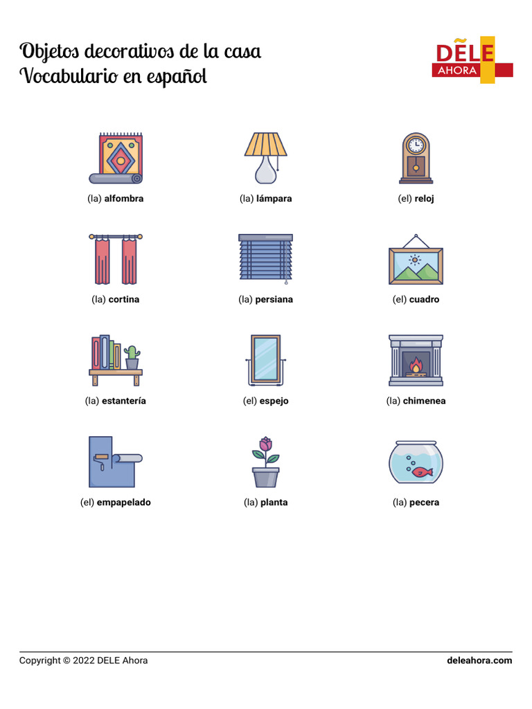 Objetos Decorativos de La Casa Vocabulario en Espanol Imprimible | PDF
