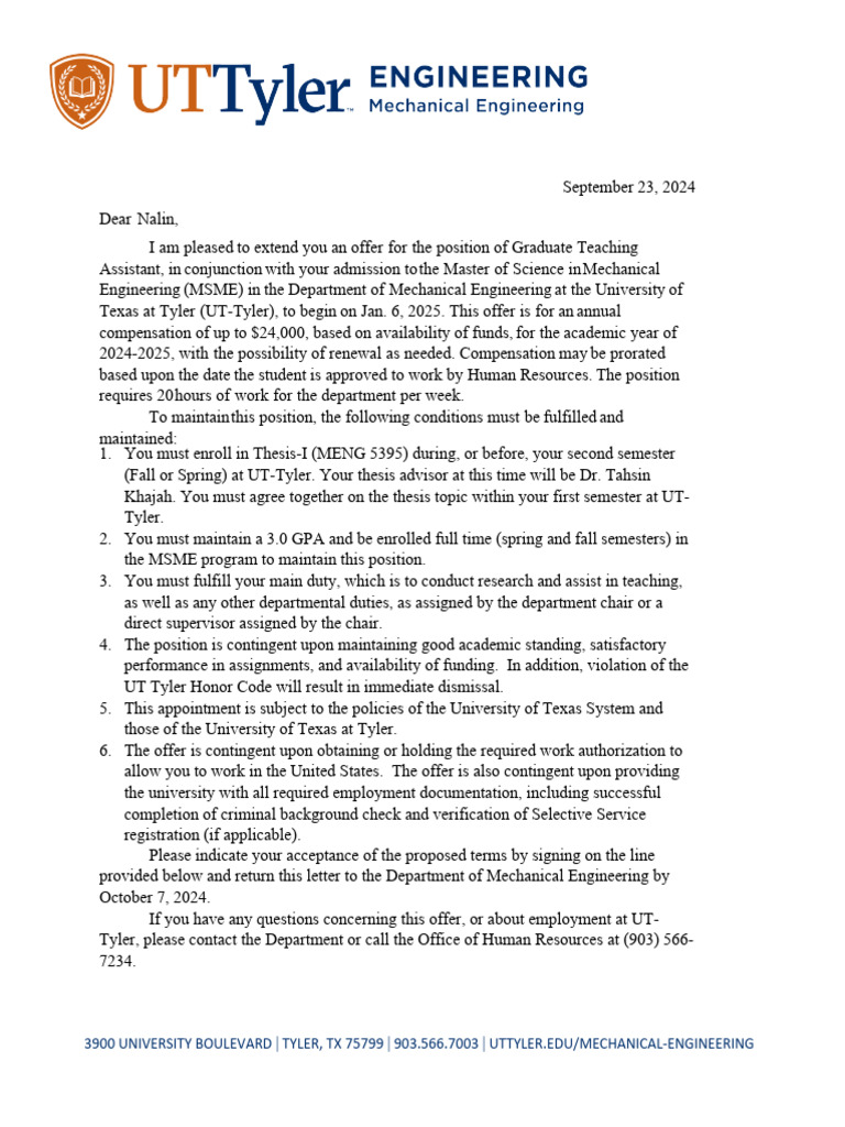 Offer Letter Nalin Pradeep Anbazhagan Spring 2025 | PDF