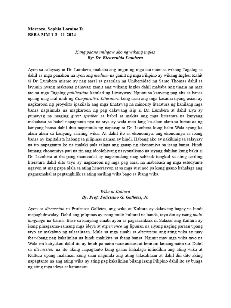 Kung Paano Iniligaw Ako NG Wikang Ingles: Morcozo, Sophia Loraine D. BSBA MM 1-3 - 11-2024 | PDF