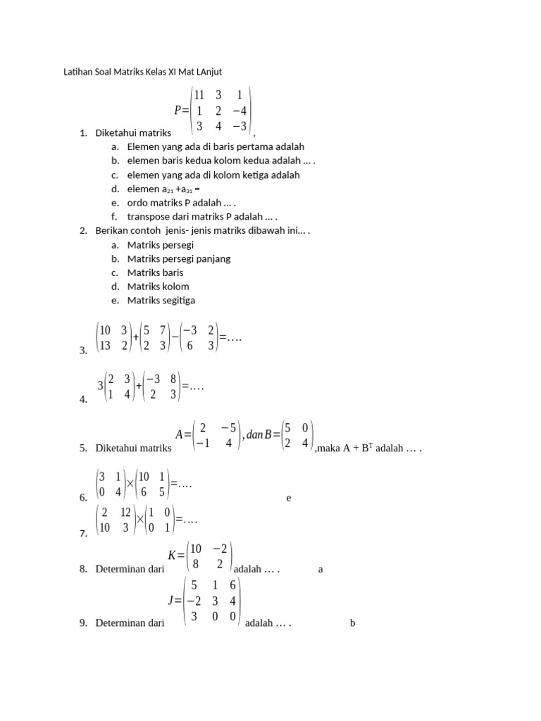 Latihan Matriks Kelas XI | PDF