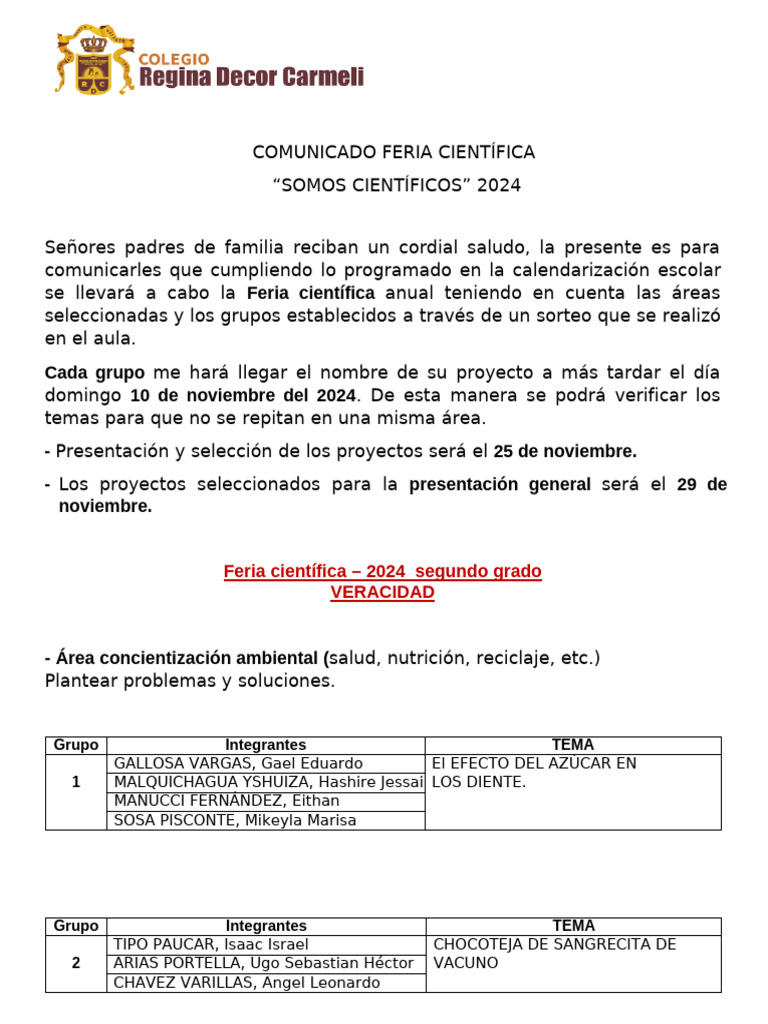 Comunicado Feria Científica 2024 - 2do Grado | PDF