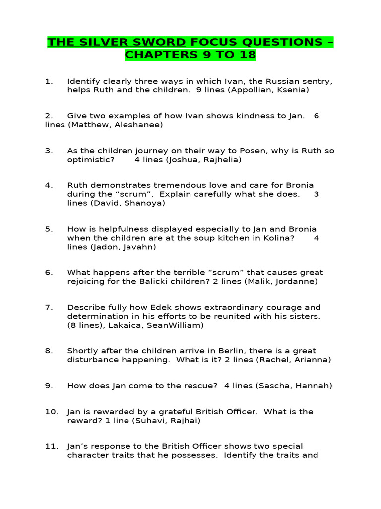 Silver Sword Focus Questions: Ch. 9-18 | PDF | British Children's ...