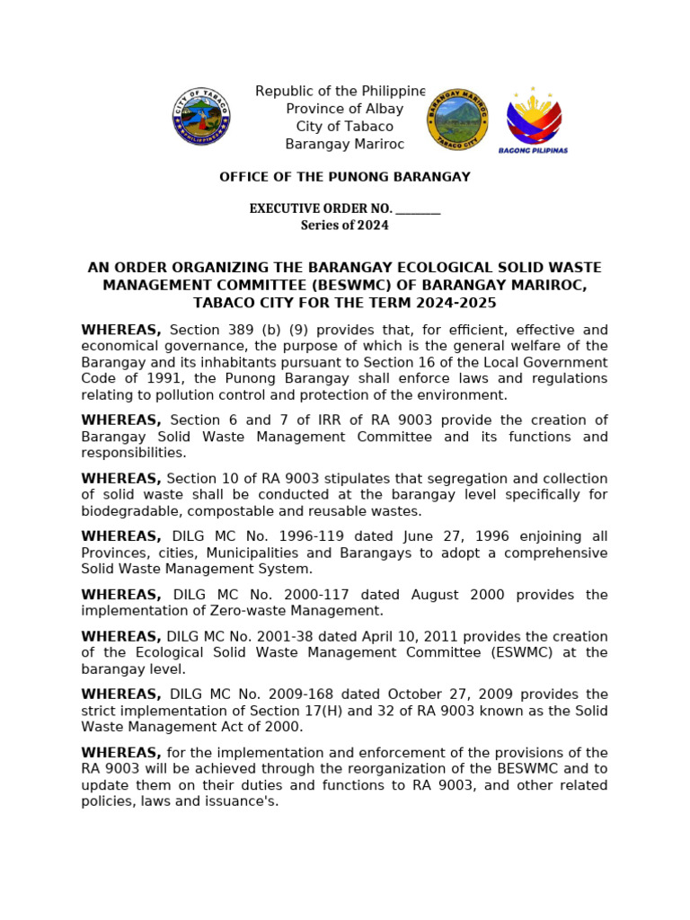 BARANGAY ECOLOGICAL SOLID WASTE MANAGEMENT - Tabaco City | PDF | Waste ...