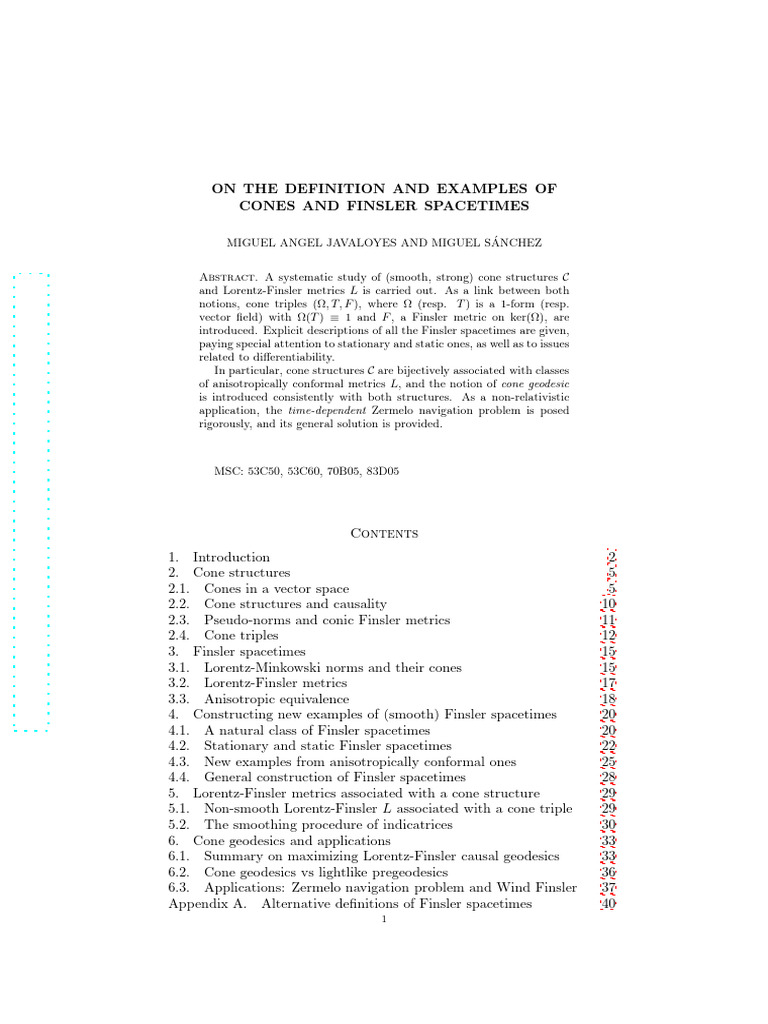 On The Definition and Examples of Cones and Finsler Spacetimes | PDF ...