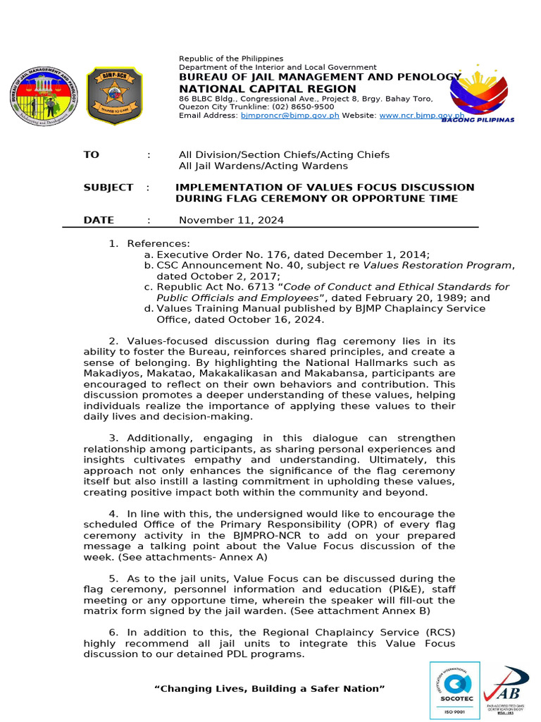 Memo - Implemantation of Values Restoration Program | PDF