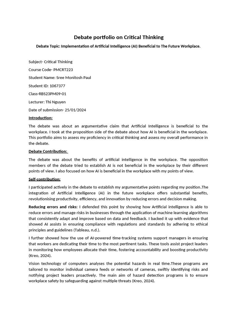Debate Portfolio On Critical Thinking | PDF | Artificial Intelligence ...