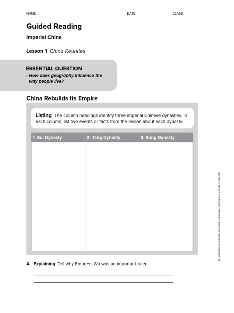 Guided Reading, Imperial China, Lesson 1 | PDF | Tang Dynasty | Qing ...