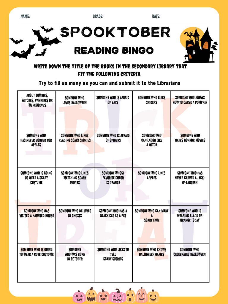 Halloween Bingo Challenge Worksheet in Colorful Playful Style | PDF