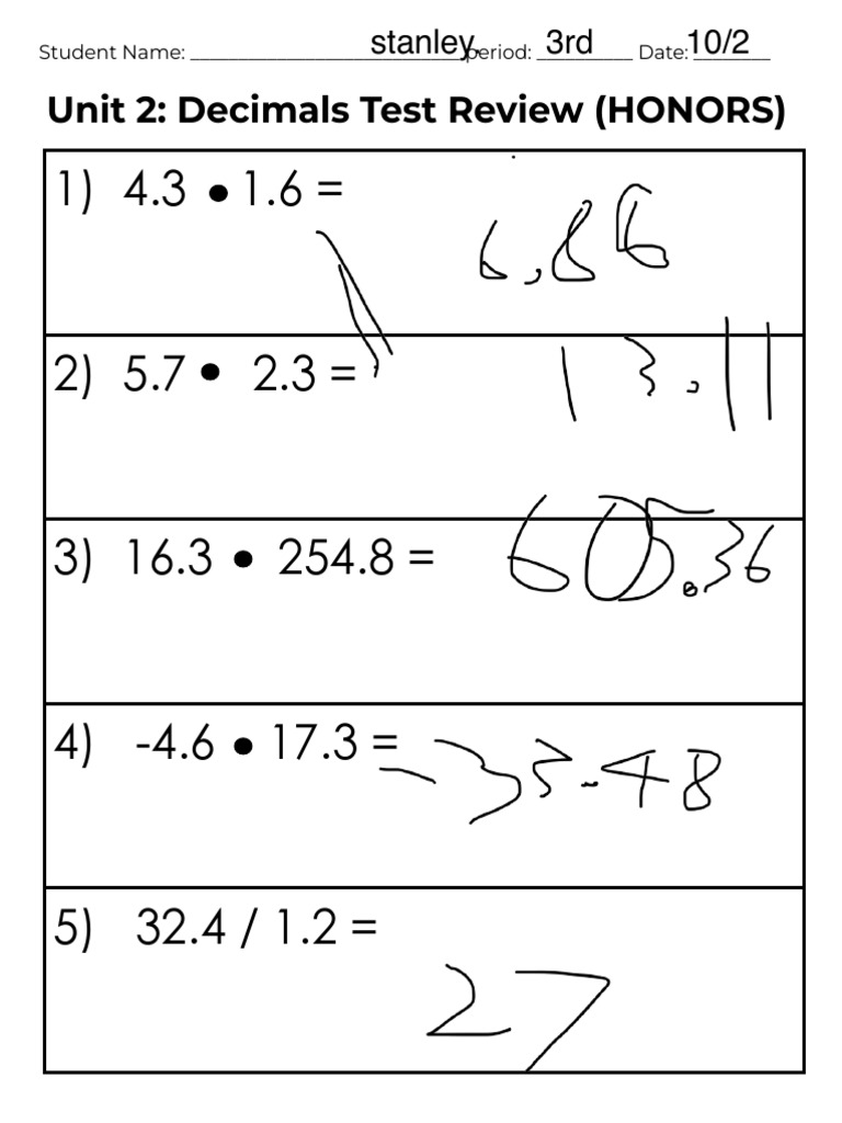 Honors Decimals Test Review Worksheet | PDF