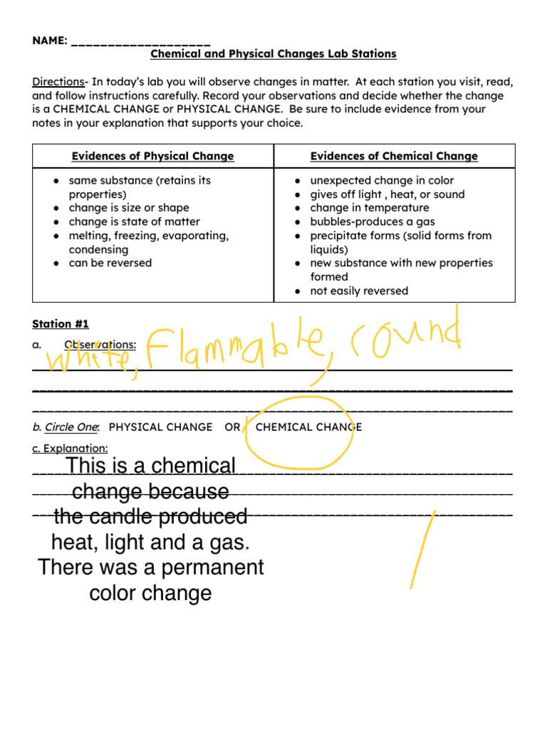 Chemical and Physical Change Lab Station Sheet | PDF | Matter ...