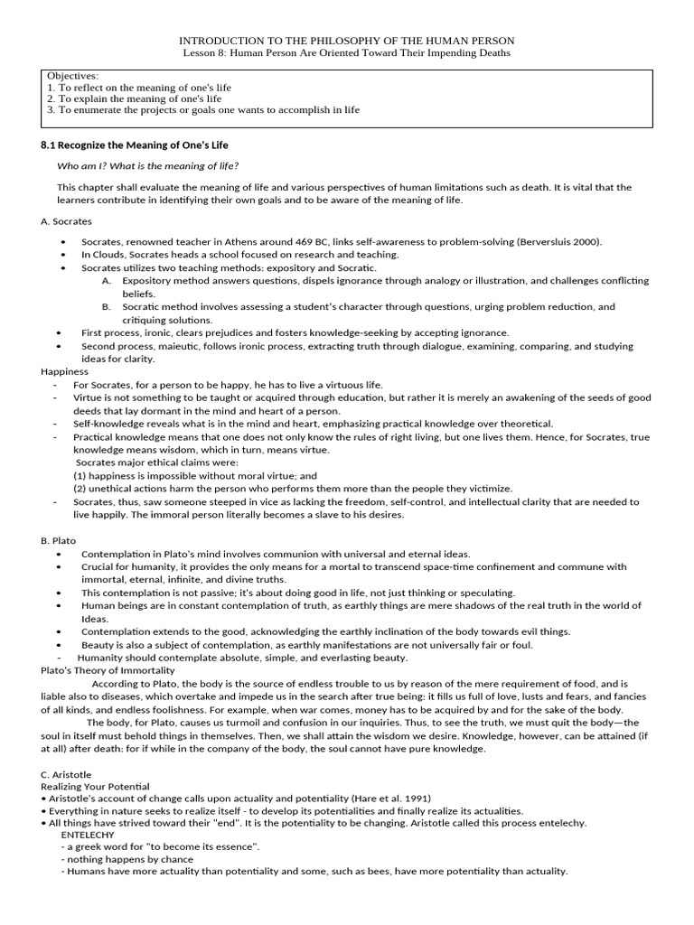 Lesson 8 Philo Notes Pdf Socrates Existentialism