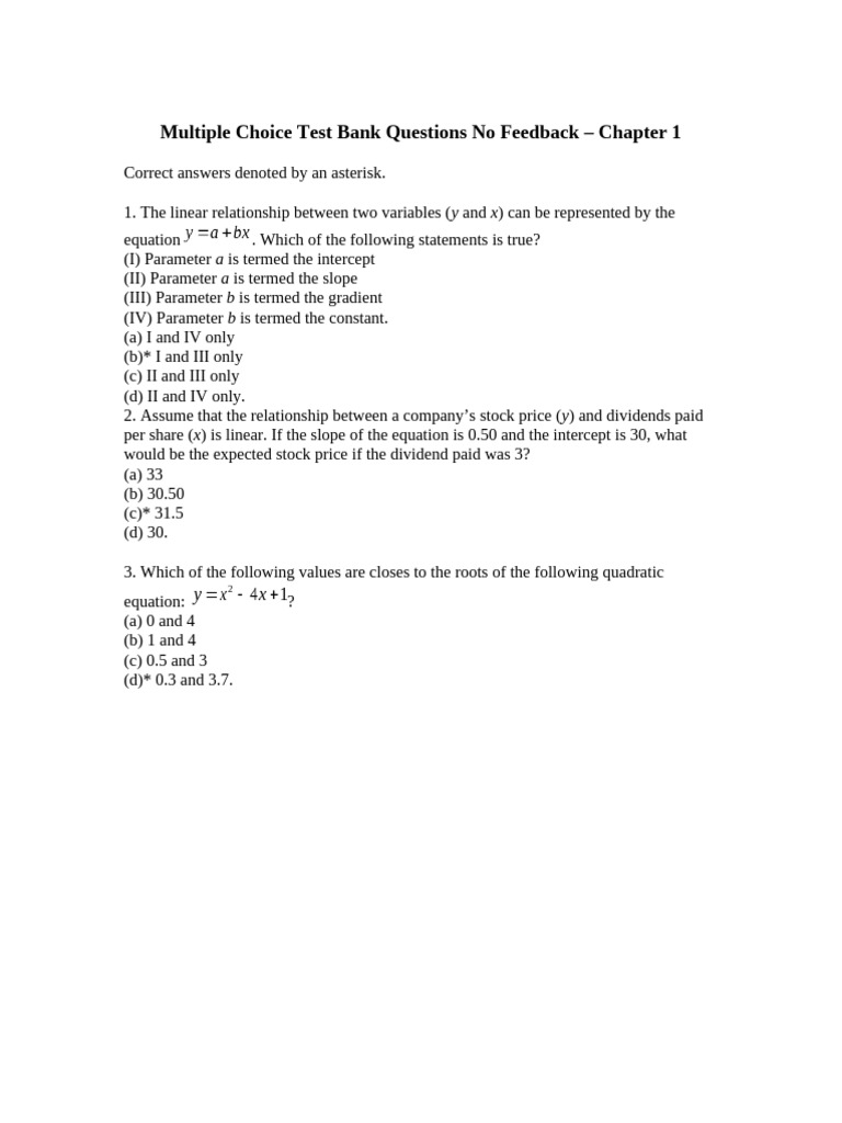 Multiple Choice Test Bank Questions No Feedback | PDF | Ordinary Least ...