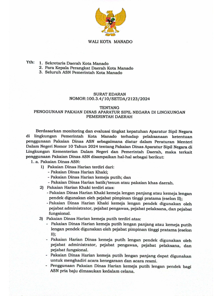 Surat Edaran Wali Kota Manado Tentang Penggunaan Pakaian Dinas ASN Di ...