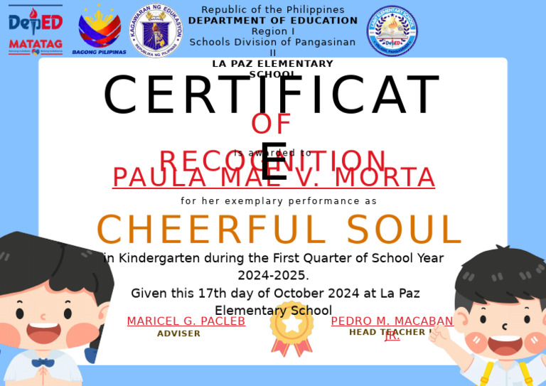 Yellow Red and Blue Cute Illustrative School Certificate of Recognition ...