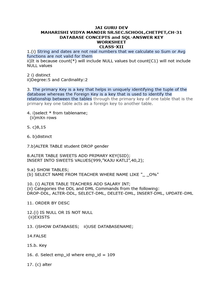 Database Concepts and SQL Worksheet Ans Key | PDF | Information ...