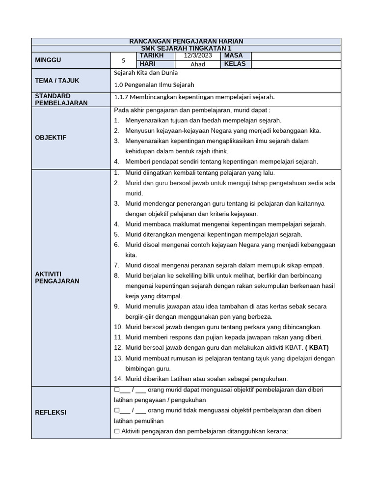 RPH Ringkas Minggu 5 SMK Sejarah Tingkatan 1 by Cikgu Gorgeous | PDF