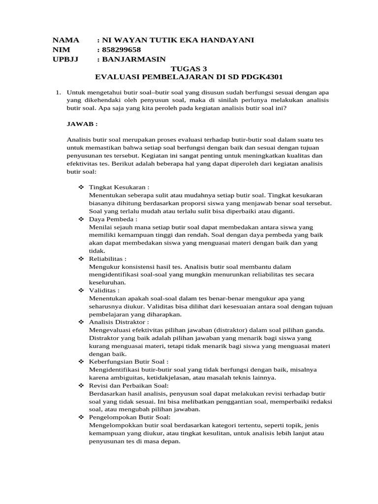 Tugas 3 Evaluasi Pembelajaran Di SD PDGK4301 | PDF
