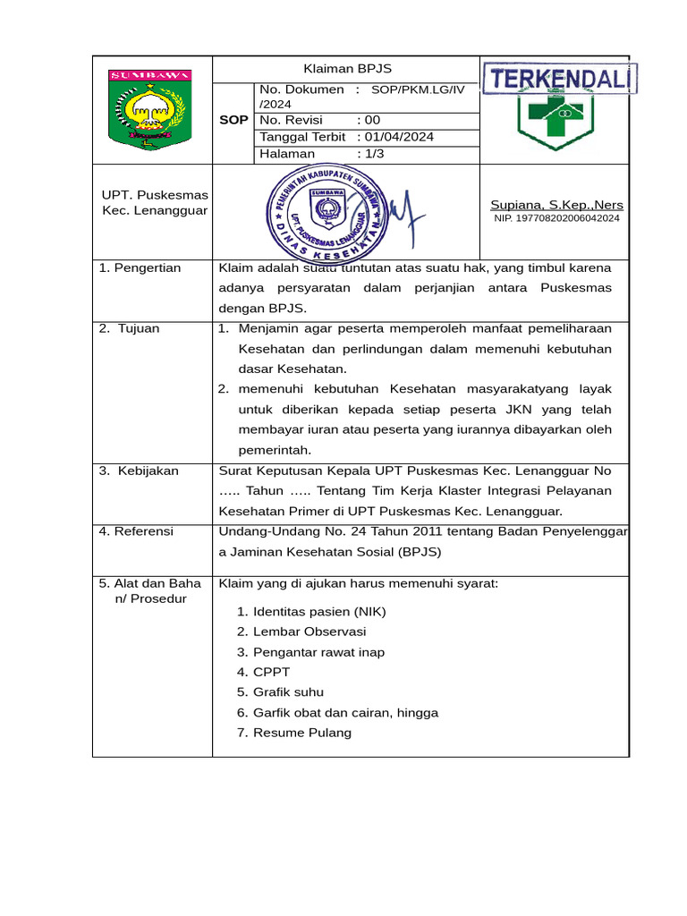 SOP Klaiman BPJS PKM LG | PDF