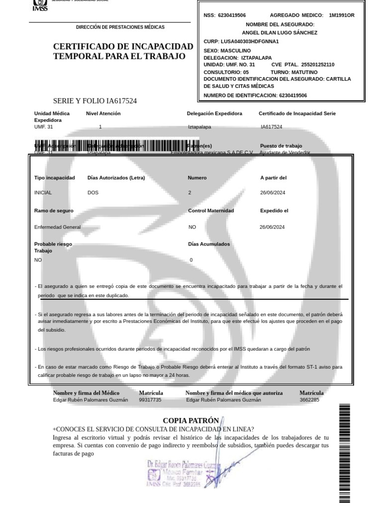 Incapacidad IMSS - ANGEL DILAN | PDF