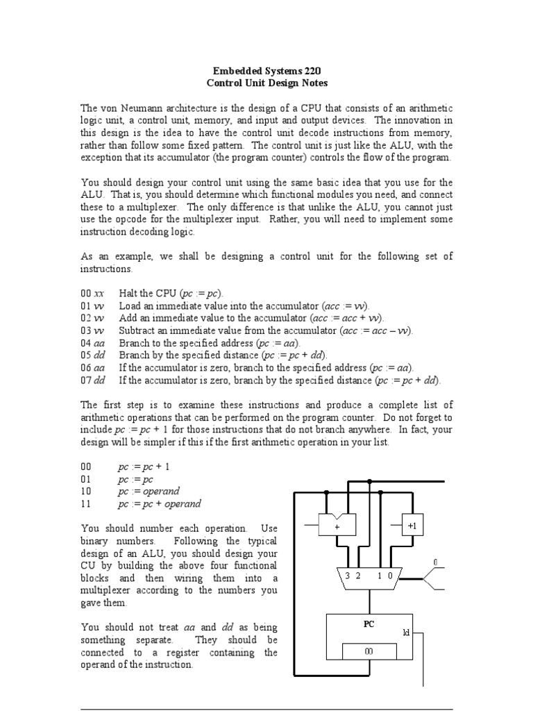 Embedded Systems 220 Control Unit Design Notes: PC: PC + 1 PC: PC PC ...