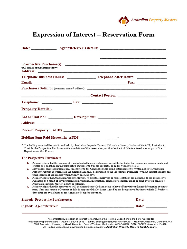 Expression of Interest - Reservation Form | PDF | Banks | Cheque
