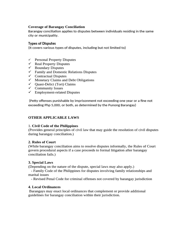 Barangay Conciliation Dispute Guide | PDF | Jurisdiction | Justice