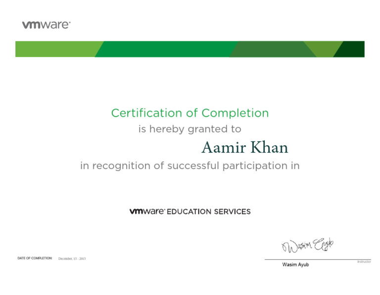 Traning Certificate Muhammad Aamir VCP 6.0 | PDF
