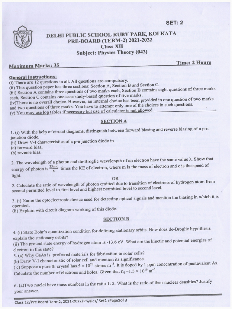CL XII Physics Theory Pre Board 2021-22 | PDF