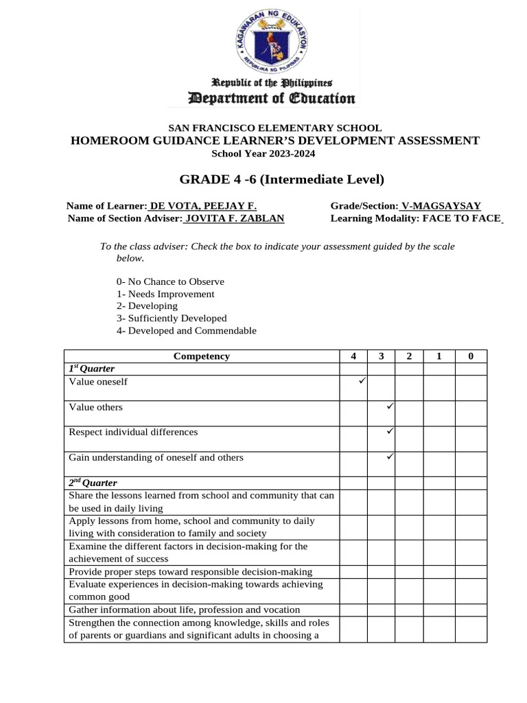 HOMEROOM GUIDANCE LEARNERS DEVELOPMENT ASSESSMENT Grade 1 3 Deped ...