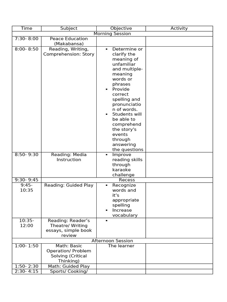 Daily Educational Activity Schedule | PDF