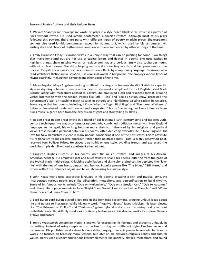 Survey of Poetry Authors and Their Unique Styles | PDF | Poetry ...