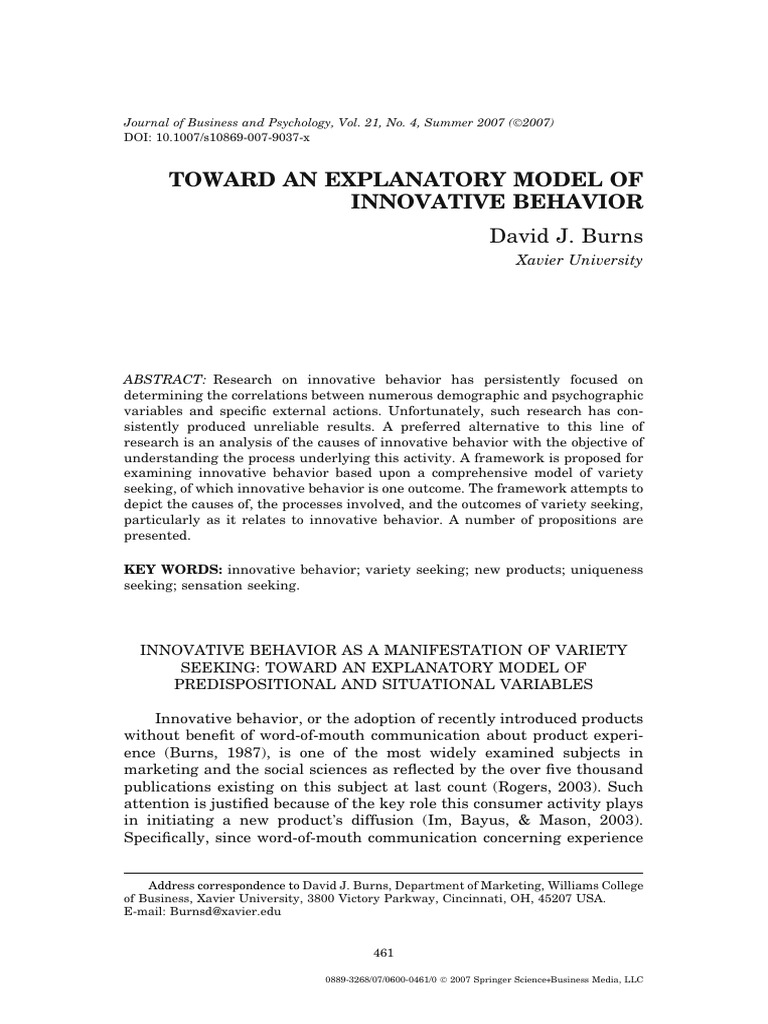 Toward An Explanatory Model of Innovative Behavior - Burns 2007 | PDF ...