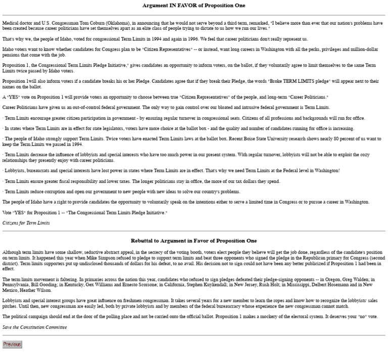 Argument in Favor of Proposition One and Rebuttal | PDF | United States ...