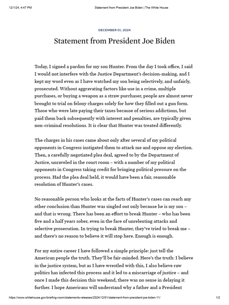 President Joe Biden Pardons Hunter Biden Statement | PDF | Pardon | Plea Bargain