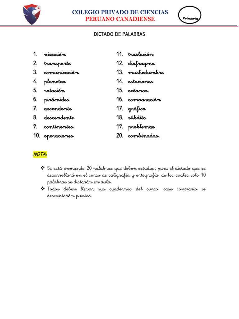 DICTADO DE PALABRAS.5to Grado | PDF