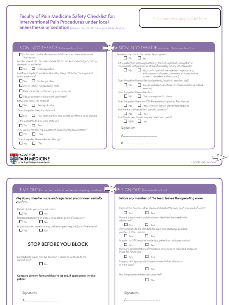 Pain Procedure Safety Checklist | PDF | Anesthesia | Patient