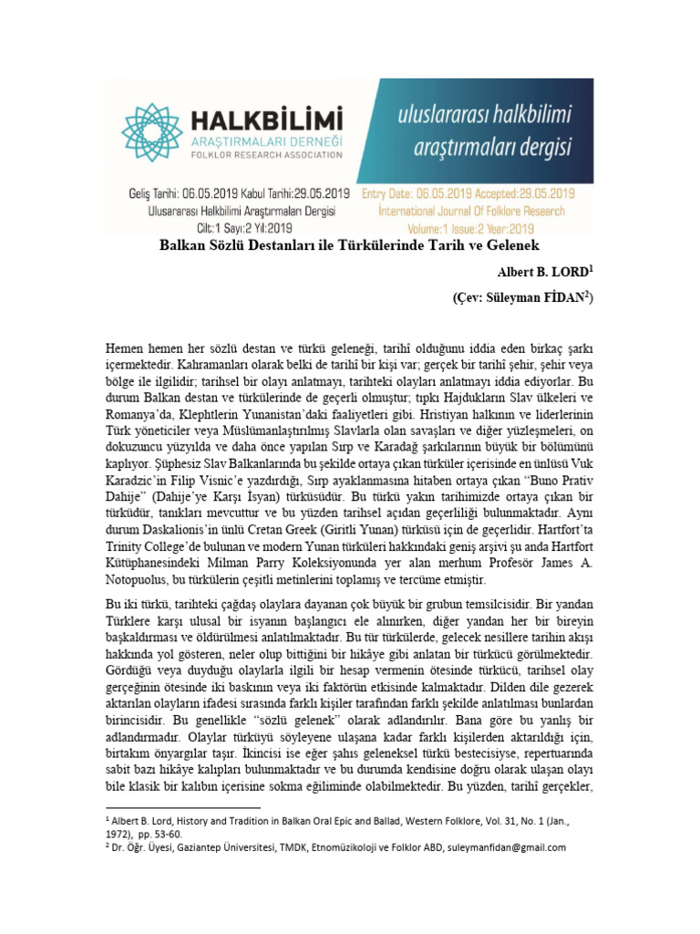 Balkan Sozlu Destanlari Ile Turkulerinde | PDF
