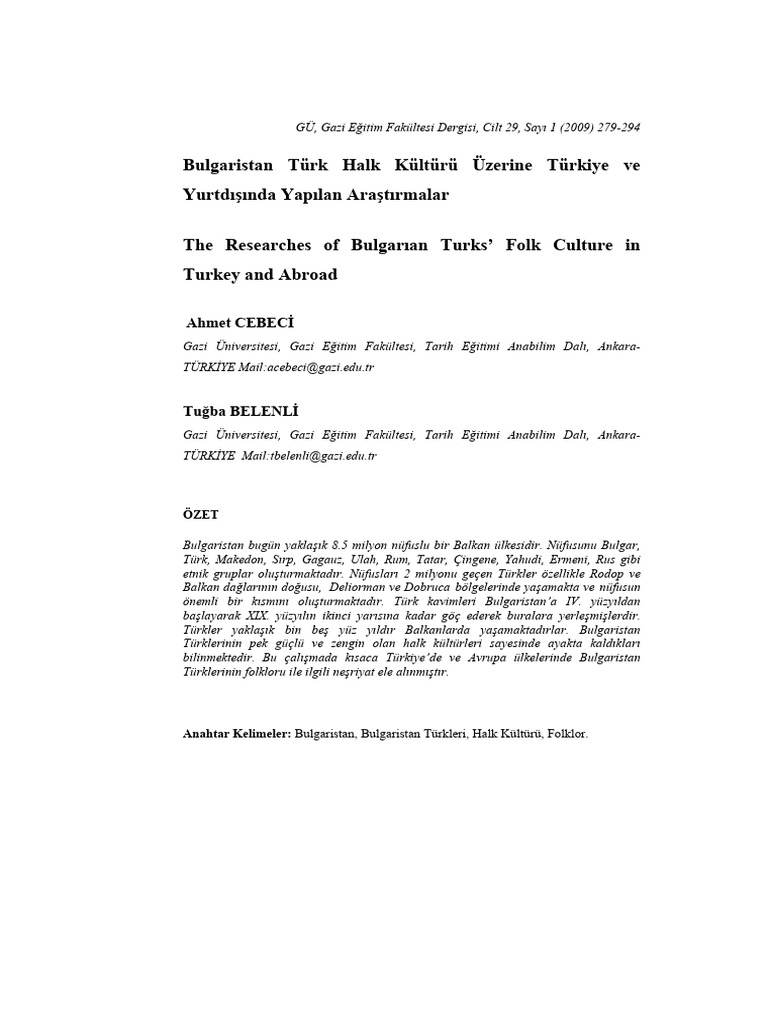 Bulgaristan T RK Halk K LT R Zerine T Rkiye Ve Yurtd Nda Yap Lan Ara T Rmalar ( | PDF