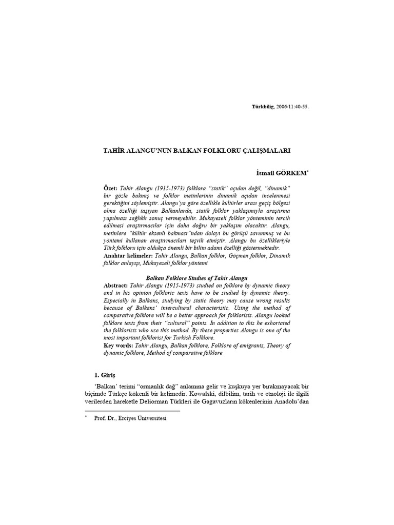 Tahi̇r Alangu'Nun Balkan Folkloru Çalişmalari | PDF