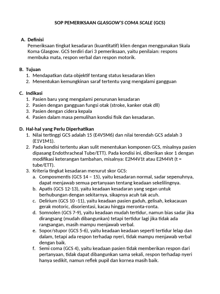 Sop Pemeriksaan Gcs - Edit | PDF