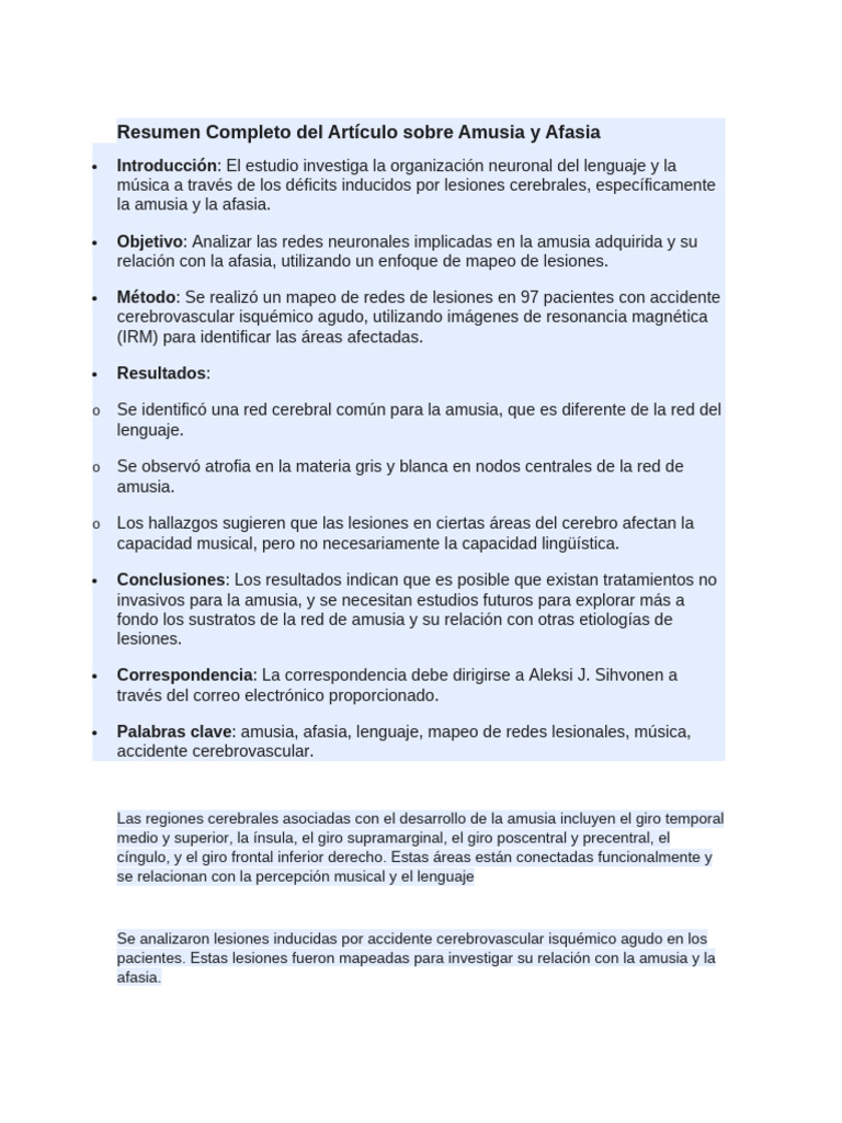 Amusia y Afasia: Conexiones Neurales | PDF | Afasia | Lóbulo temporal