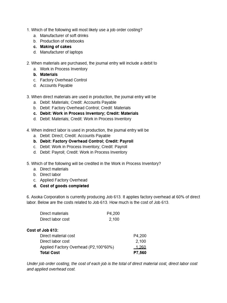 Job Order Costing Exercises | PDF | Cost Of Goods Sold | Debits And Credits