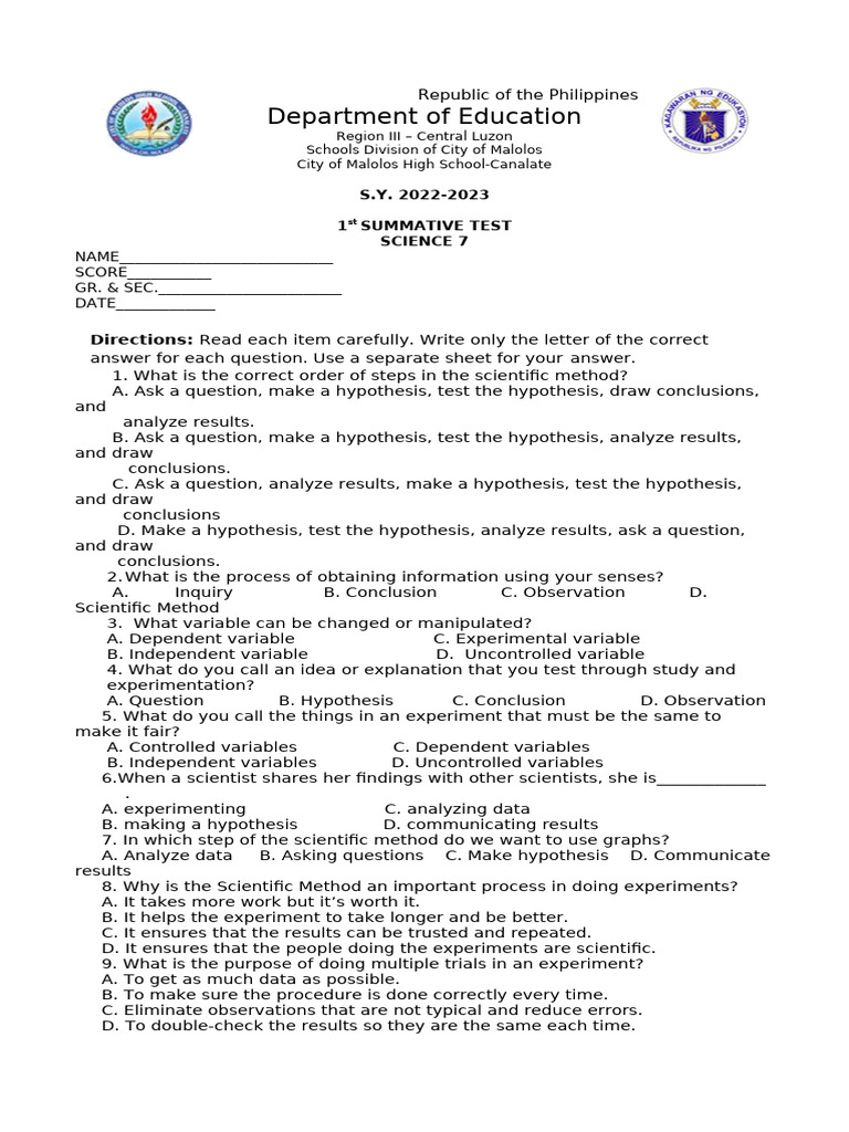 1ST Summative Test Science 7 2023 | PDF | Solubility | Mixture