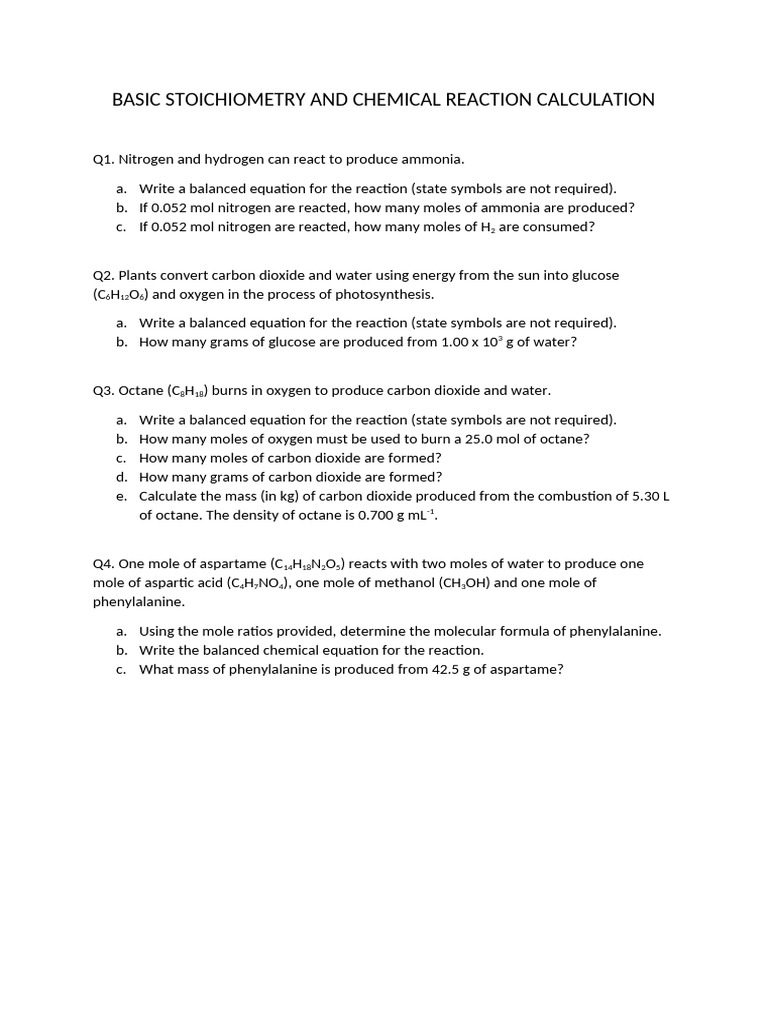 Basic Stoichiometry Questions | PDF
