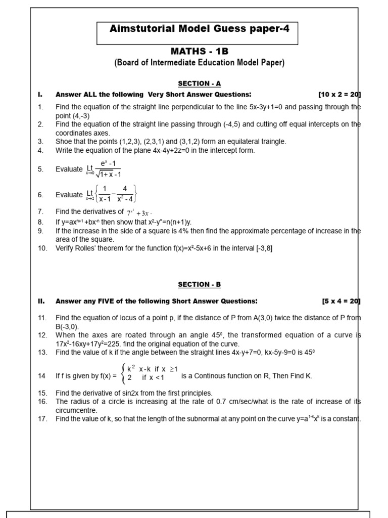 1B Model Guess Paper 4 | PDF | Equations | Coordinate System