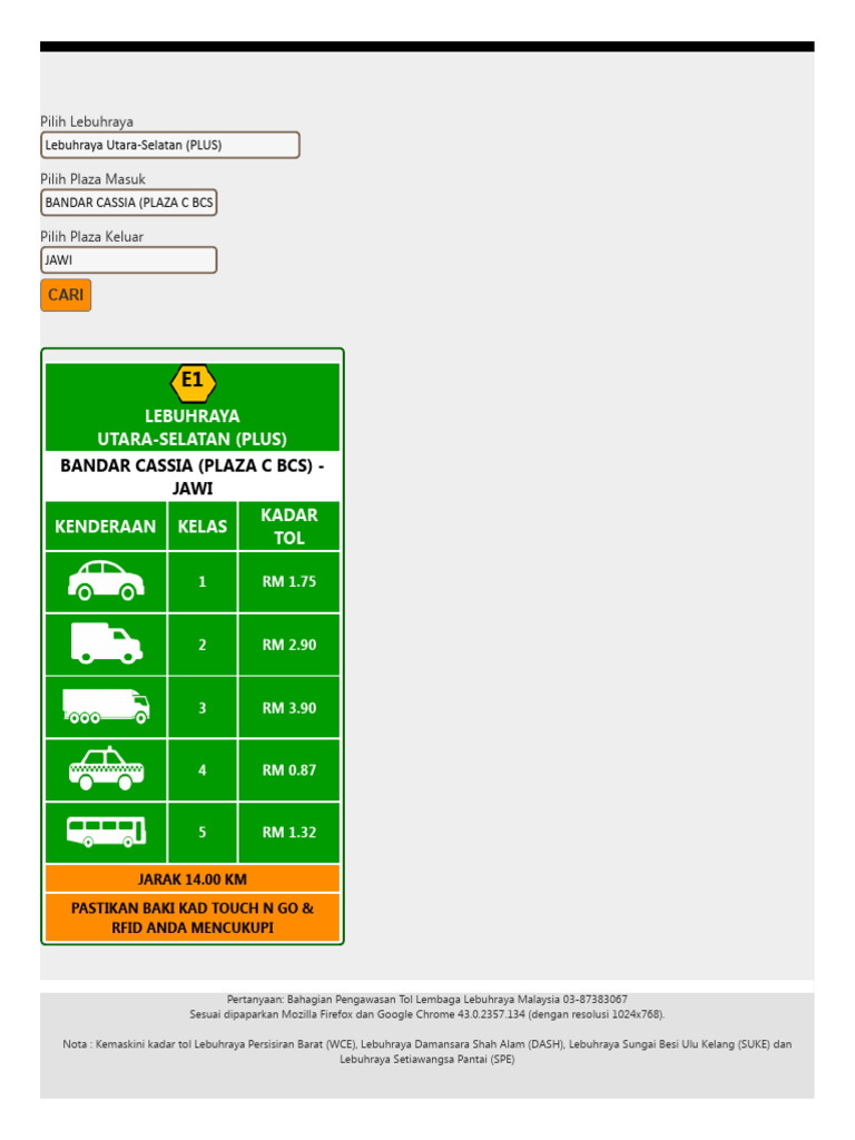 Kadar Tol Lebuhraya Di Malaysia1 | PDF