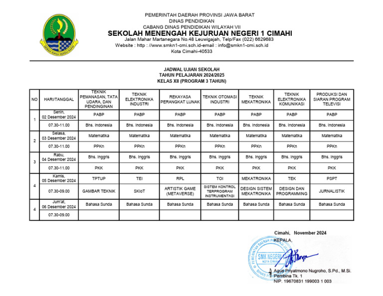 Jadwal Ujian Sekolah Kelas XII 2024-2025 | PDF